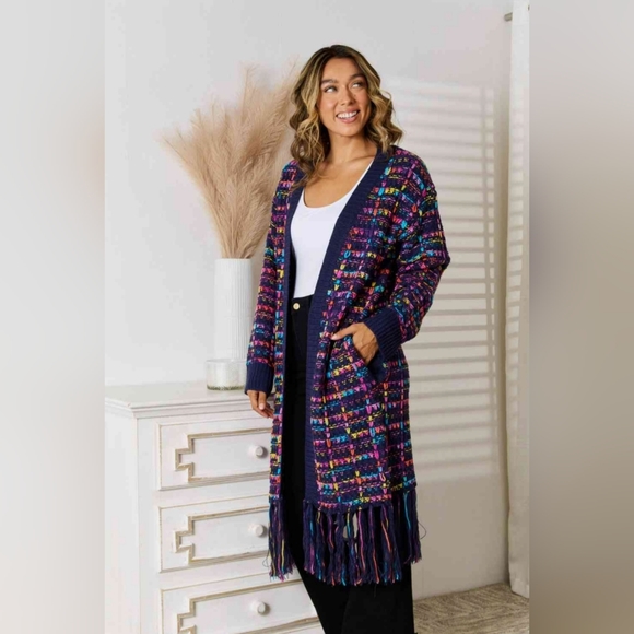 Sweaters | Bold Retro Knit Colorful Fringe Hem Longline Duster Sweater ...